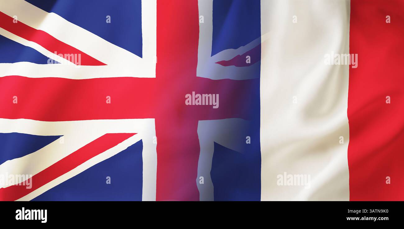 France,UK waving flags background.British and France flags together ...