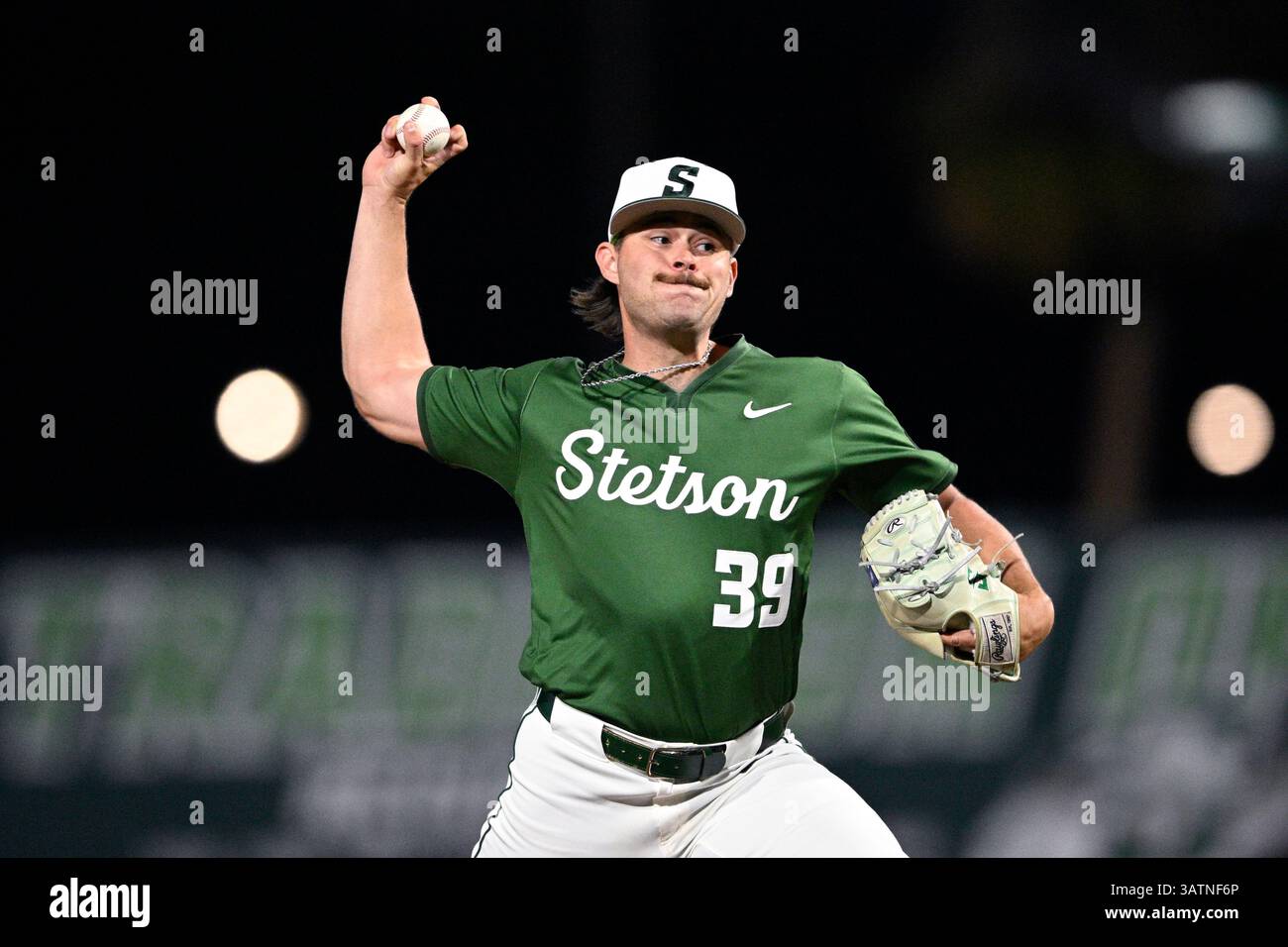 Stetson pitcher Ethan Salak (39) throws during an NCAA college baseball ...