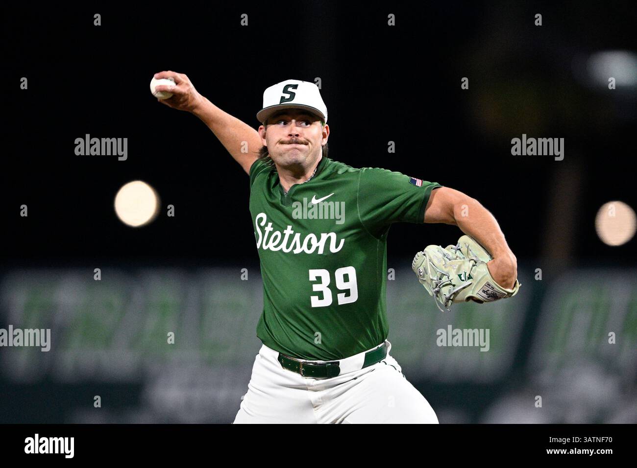 Stetson pitcher Ethan Salak (39) throws during an NCAA college baseball ...