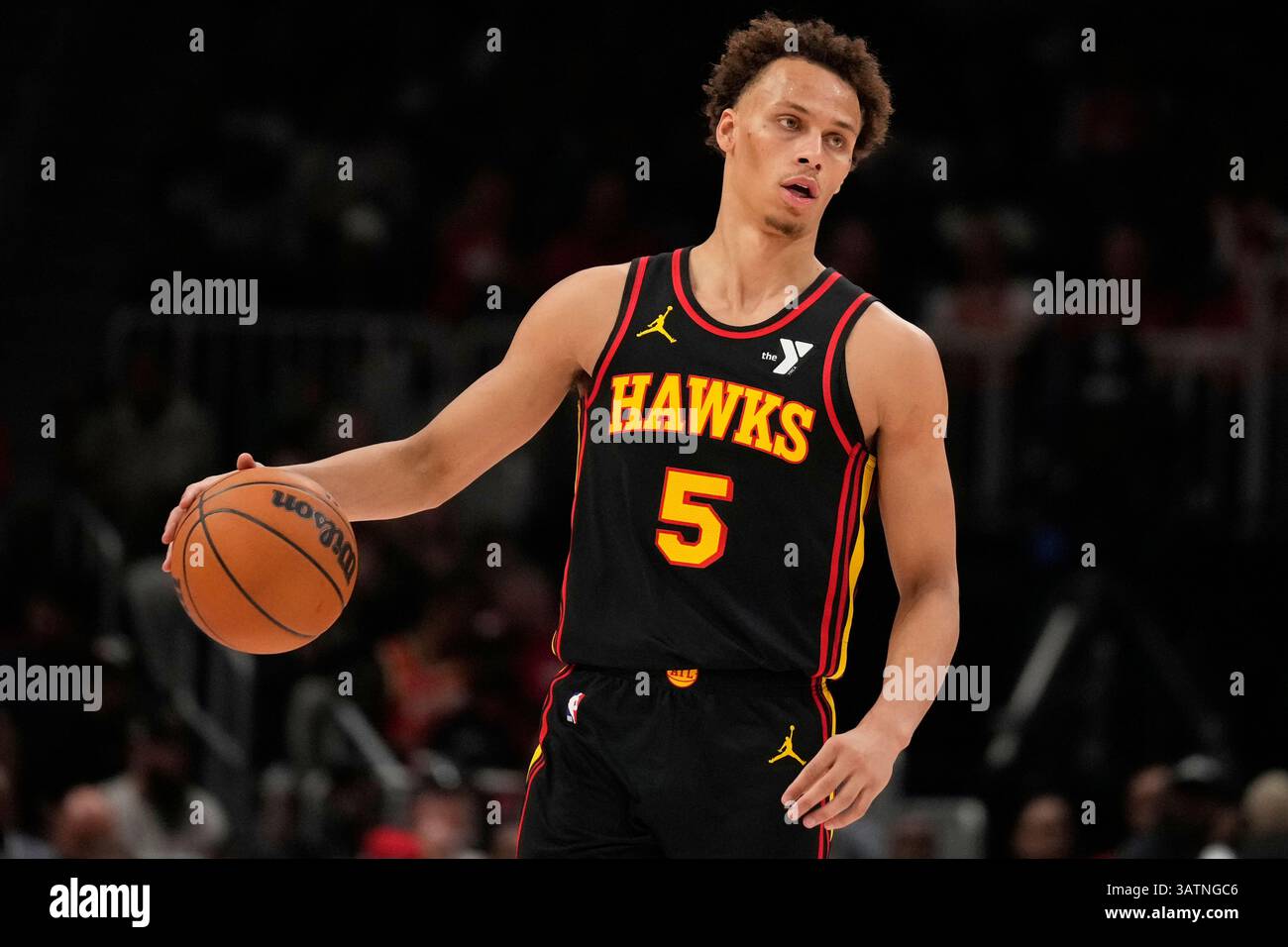 Atlanta Hawks guard Dyson Daniels (5) dribbles in the first half of an ...