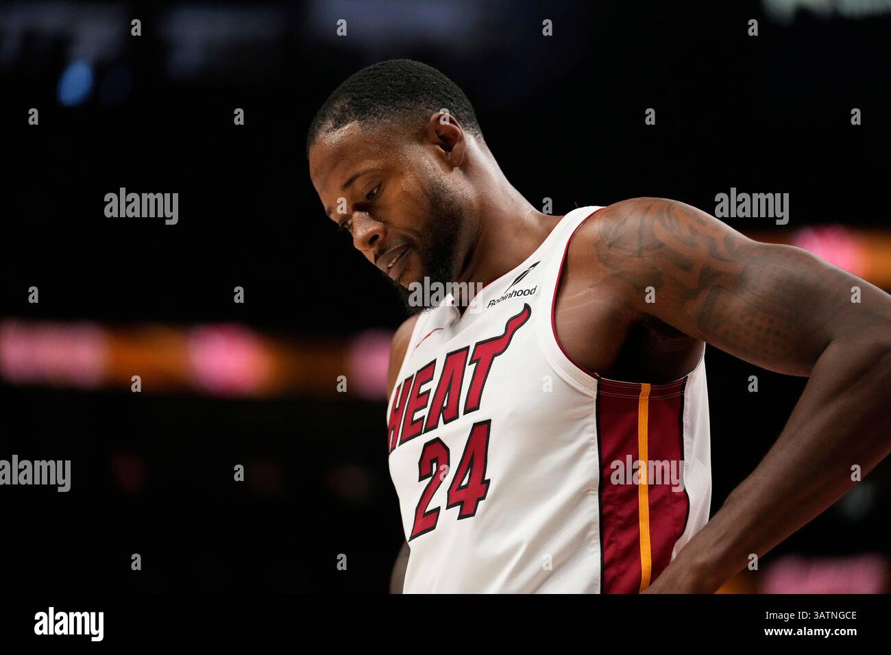 Miami Heat forward Haywood Highsmith (24) reacts to a foul in the first ...