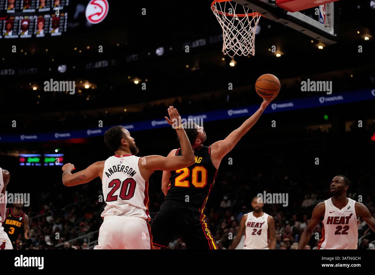 Atlanta Hawks forward Georges Niang (20) shoots against Miami Heat forward Kyle Anderson (20) in ...