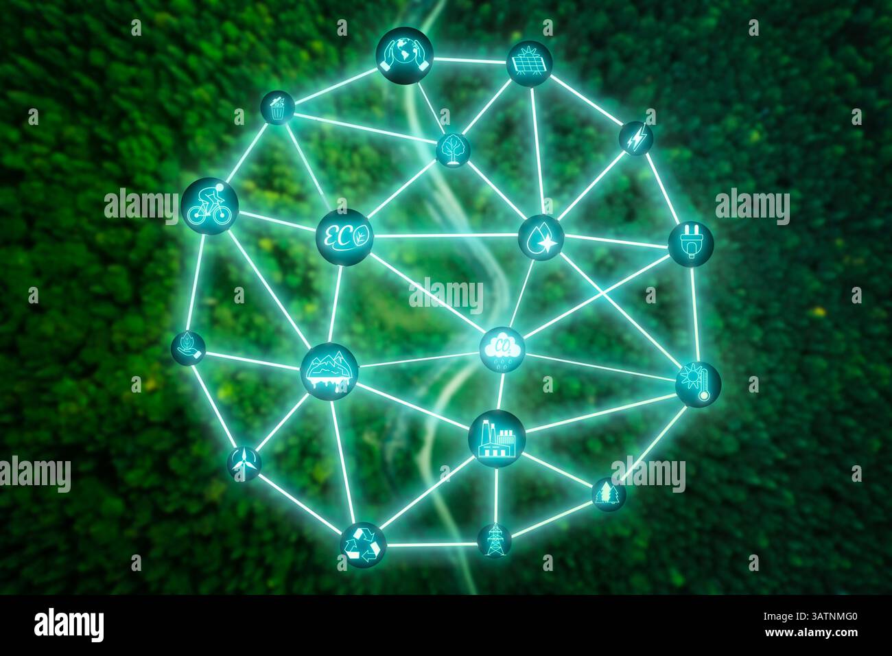 Environment concept. Scheme with different eco themed icons and aerial ...