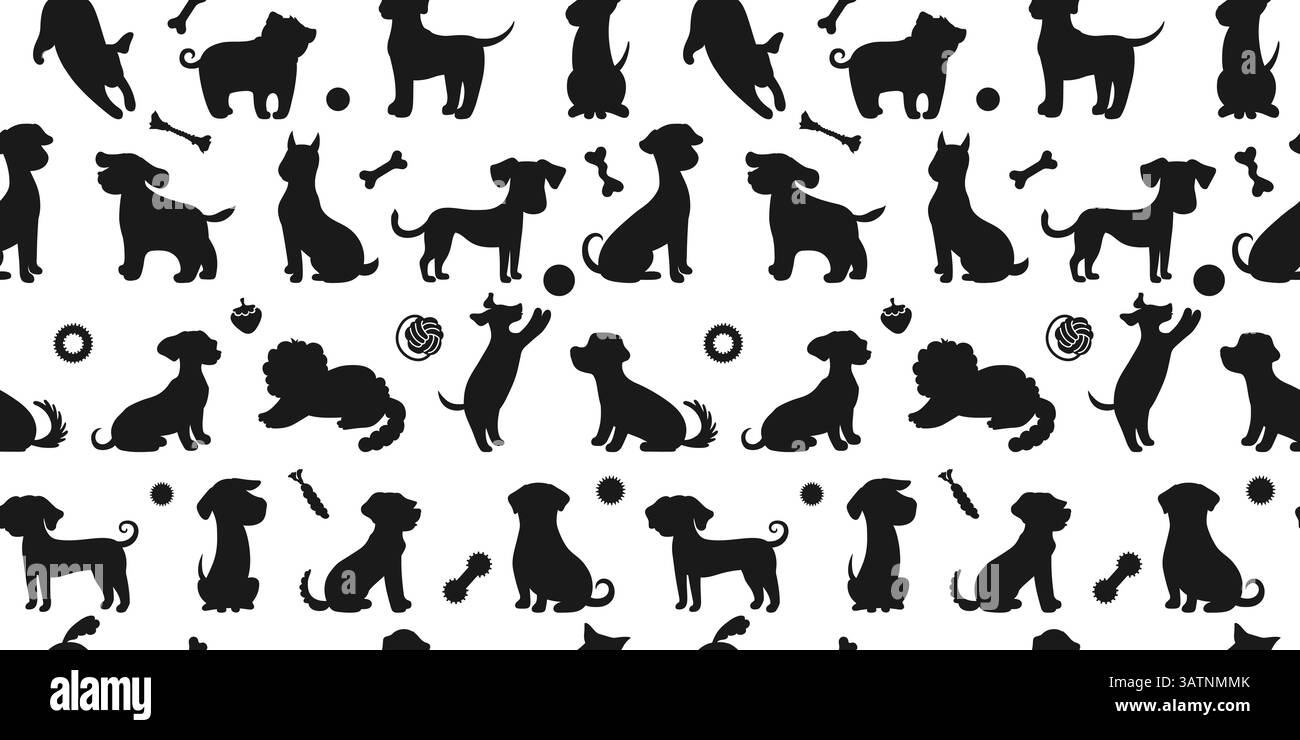 Playful dogs with dog toys silhouette seamless pattern. Shape dogs ...