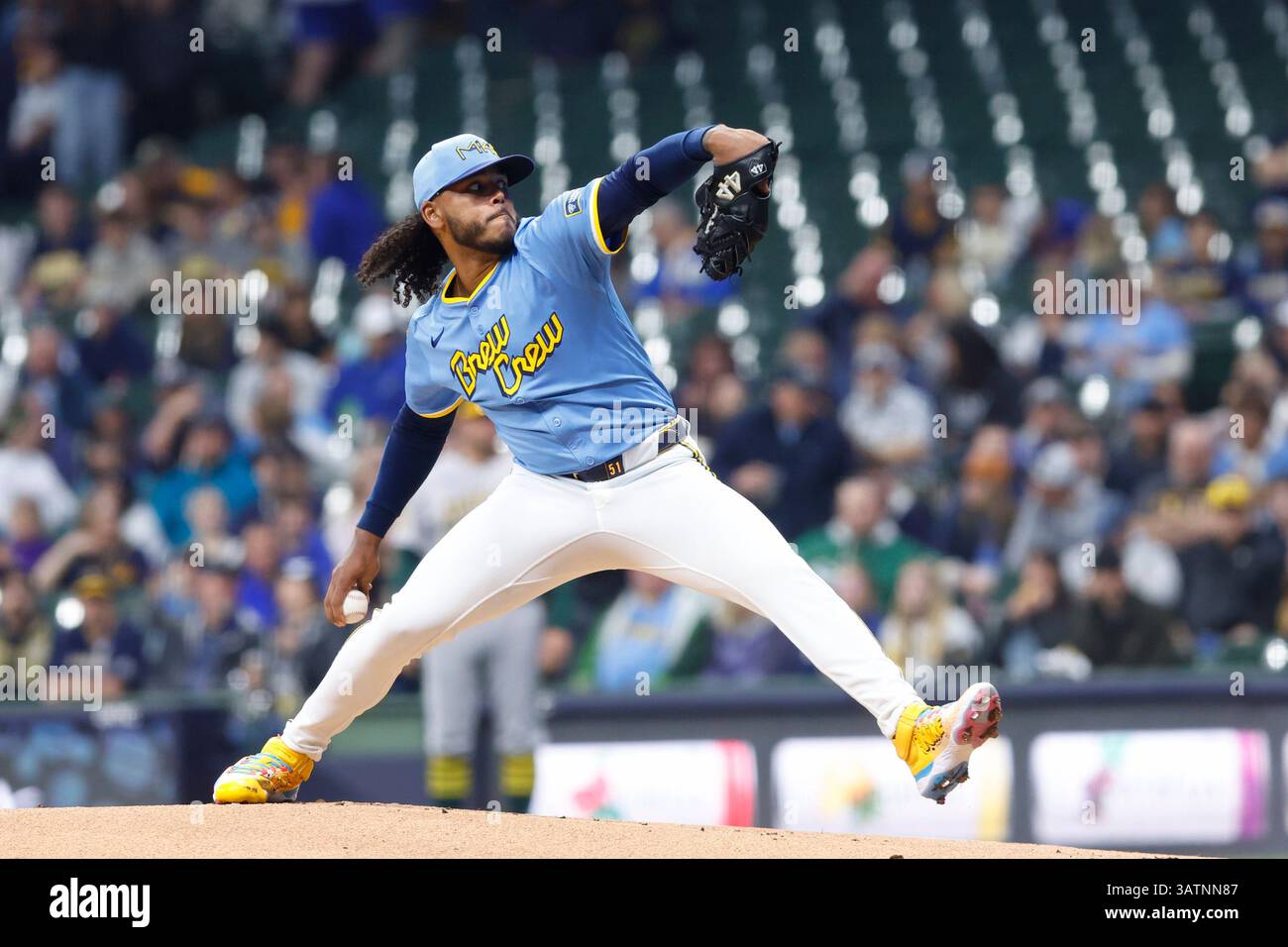 MILWAUKEE, WI - APRIL 18: Milwaukee Brewers pitcher Freddy Peralta (51 ...