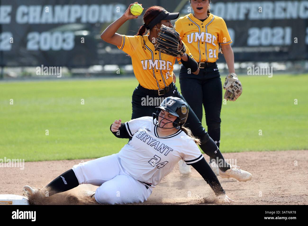 Bryant infielder Bryce Clendenin (24) gets called out at second base as ...