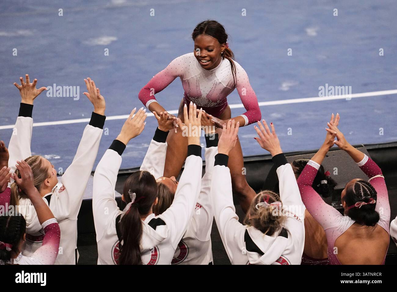 Alabaman's Jamison Sears celebrates after competing on the floor ...