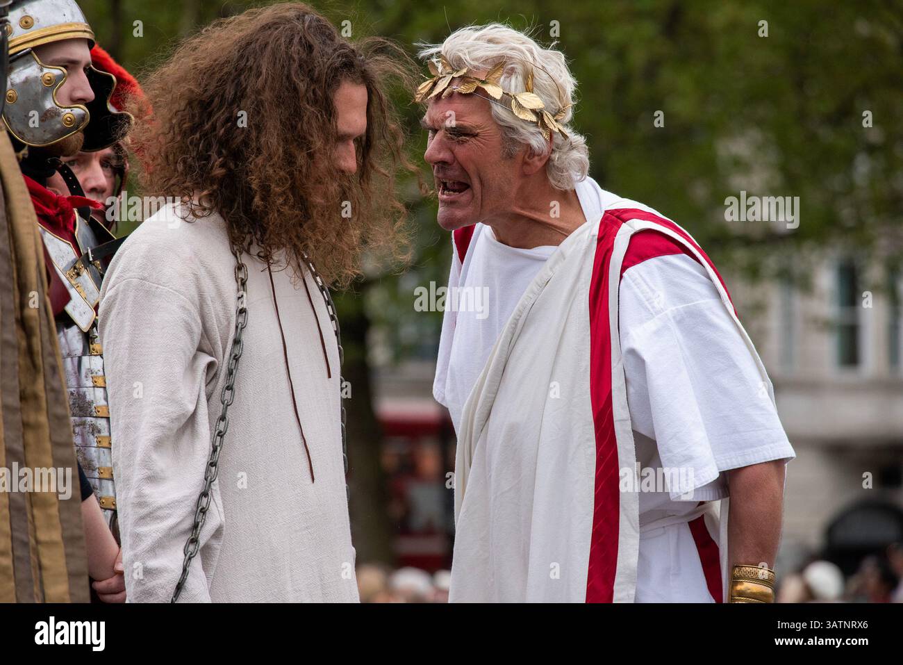 London, UK. 18th Apr, 2025. Pontius Pilate (right) is yelling Jesus ...