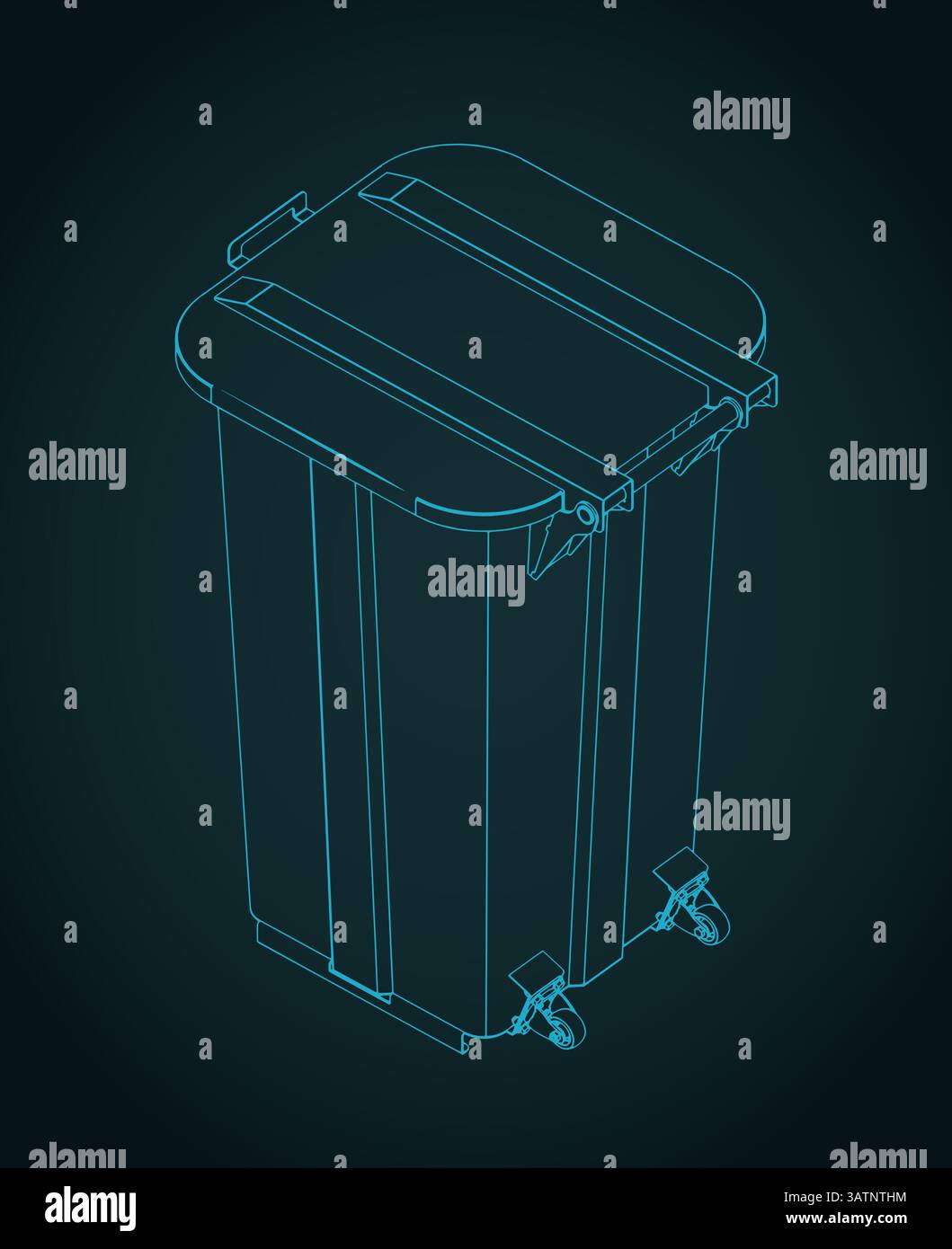 Stylized vector isometric blueprint of a two-wheeled trash bin Stock ...