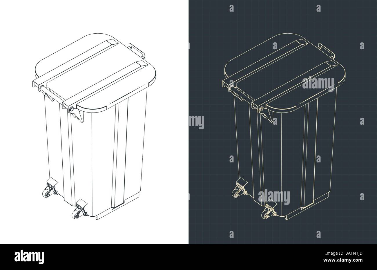 Stylized vector isometric blueprints of a two-wheeled trash bin Stock ...