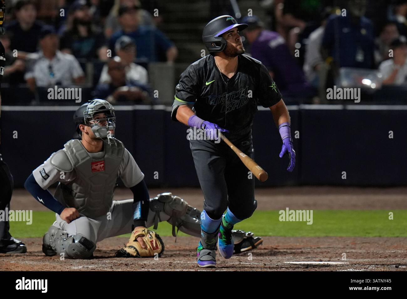 Tampa Bay Rays' Jonathan Aranda watches his double off New York Yankees ...