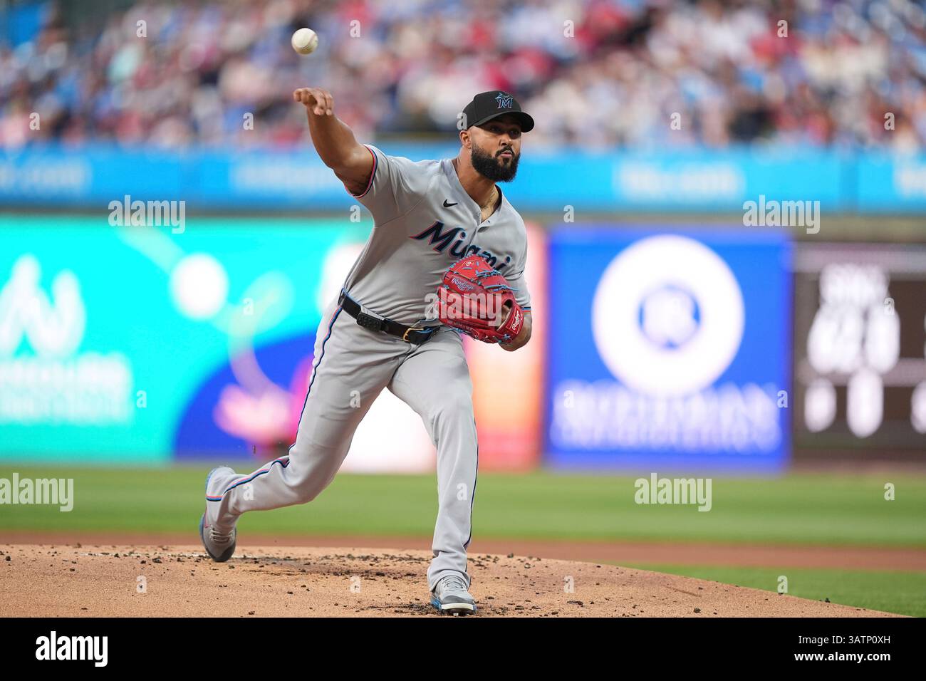 Miami Marlins Pitcher Sandy Alcantara In Action During A Baseball Game