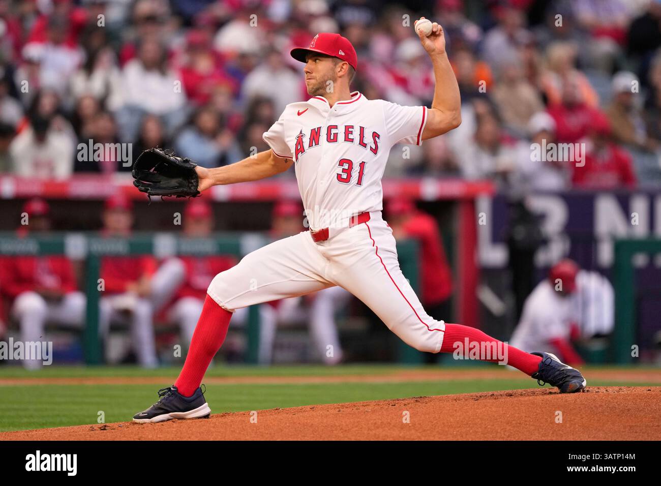 Los Angeles Angels starting pitcher Tyler Anderson throws to the plate ...