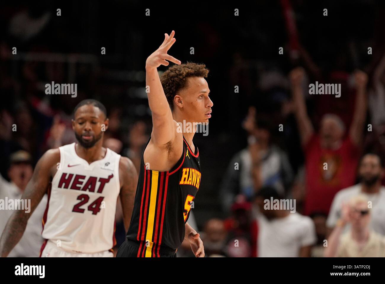 Atlanta Hawks guard Dyson Daniels (5) celebrates scoring in the second ...