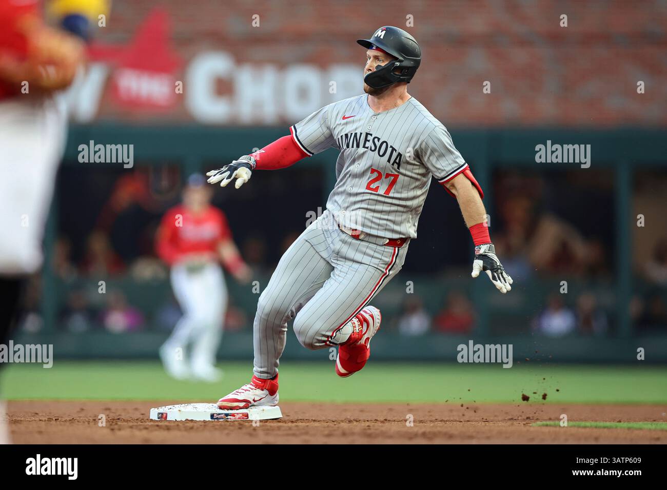 Minnesota Twins Ryan Jeffers (27) reaches second base after driving in ...