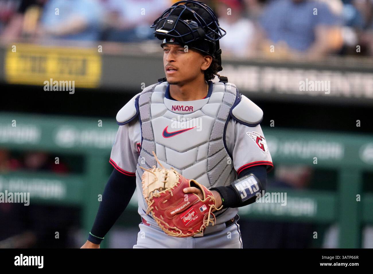 Cleveland Guardians catcher Bo Naylor takes the field for a baseball ...