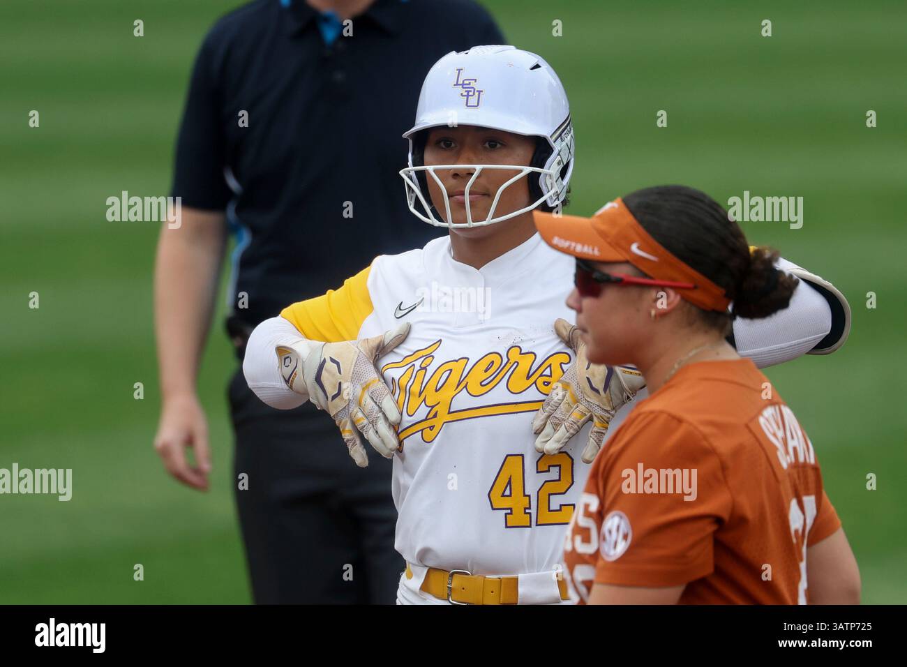 AUSTIN, TX - APRIL 18: LSU utility Tori Edwards (42) puts her hands ...