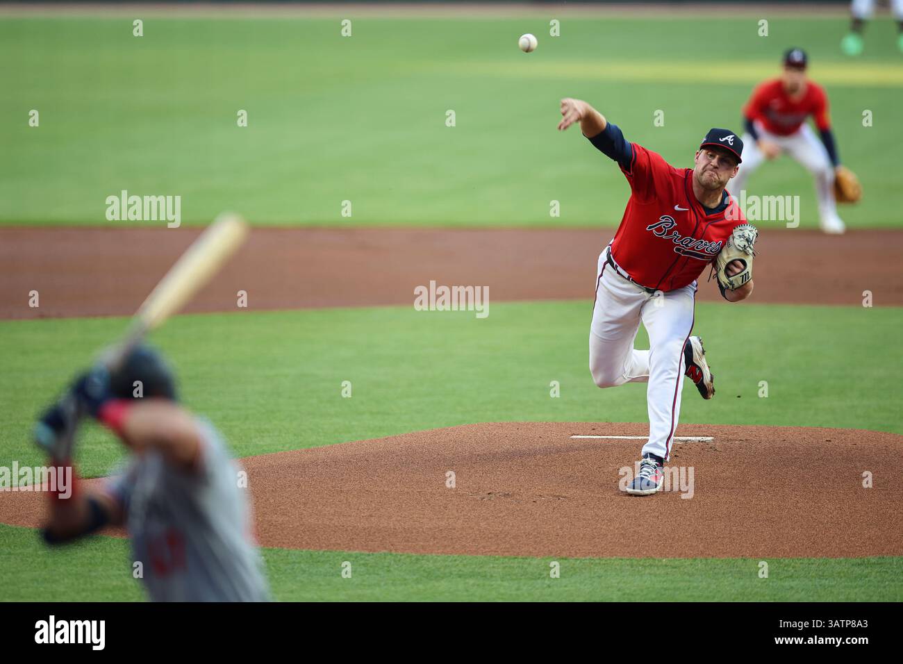 Atlanta Braves pitcher Bryce Elder (55) delivers in the first inning of ...