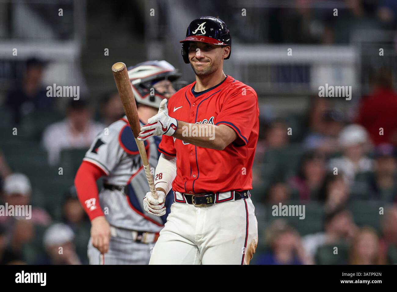 Atlanta Braves' Matt Olson (28) reacts after striking out in the fourth ...