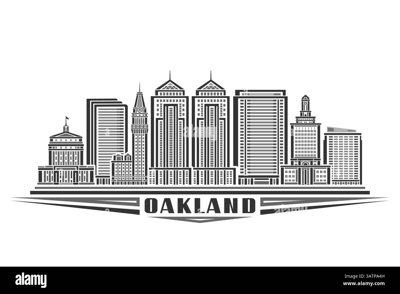 Vector illustration of Oakland, monochrome horizontal card with linear ...