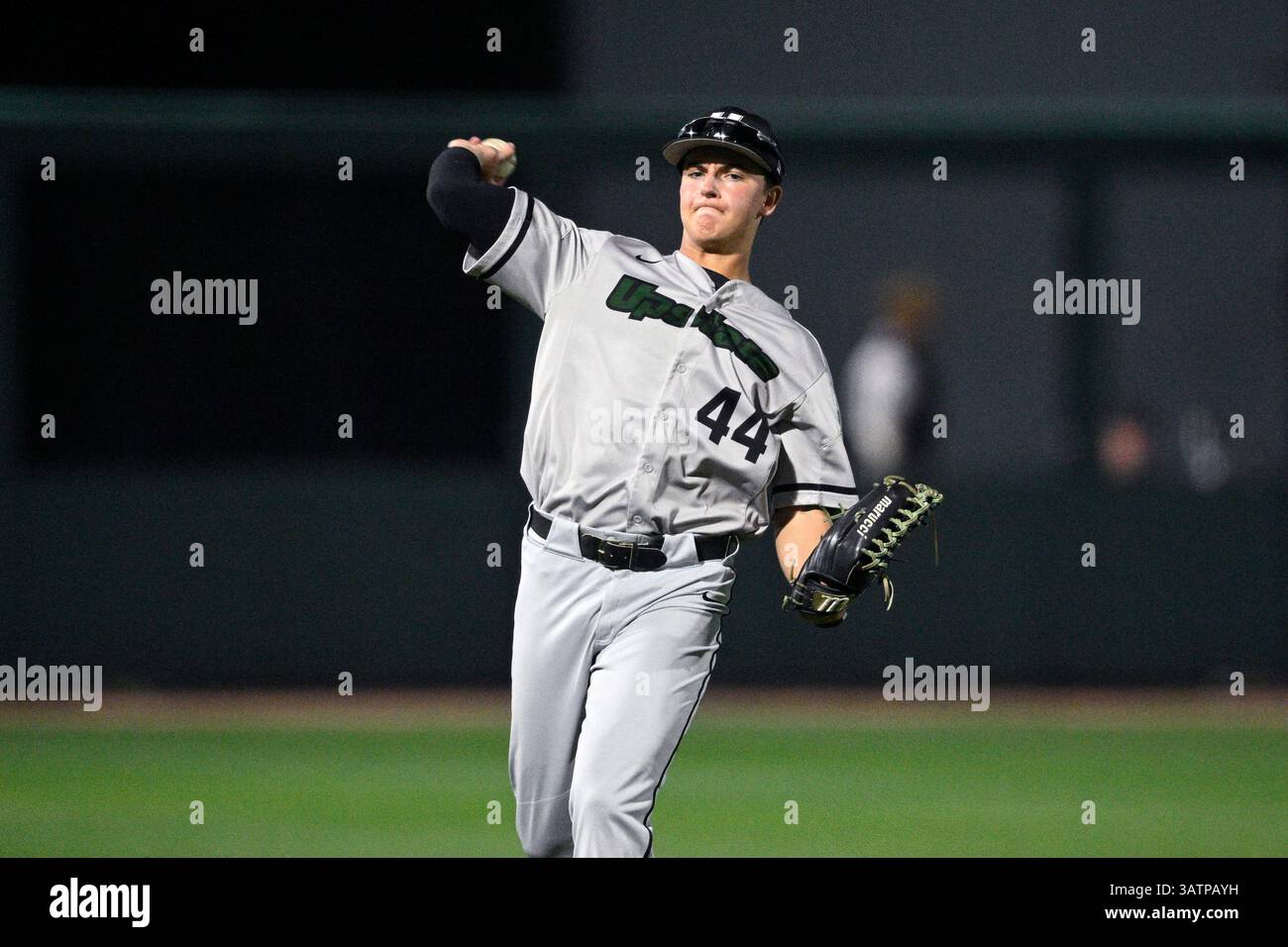 USC Upstate outfielder Henry Zenor (44) throws during an NCAA college ...