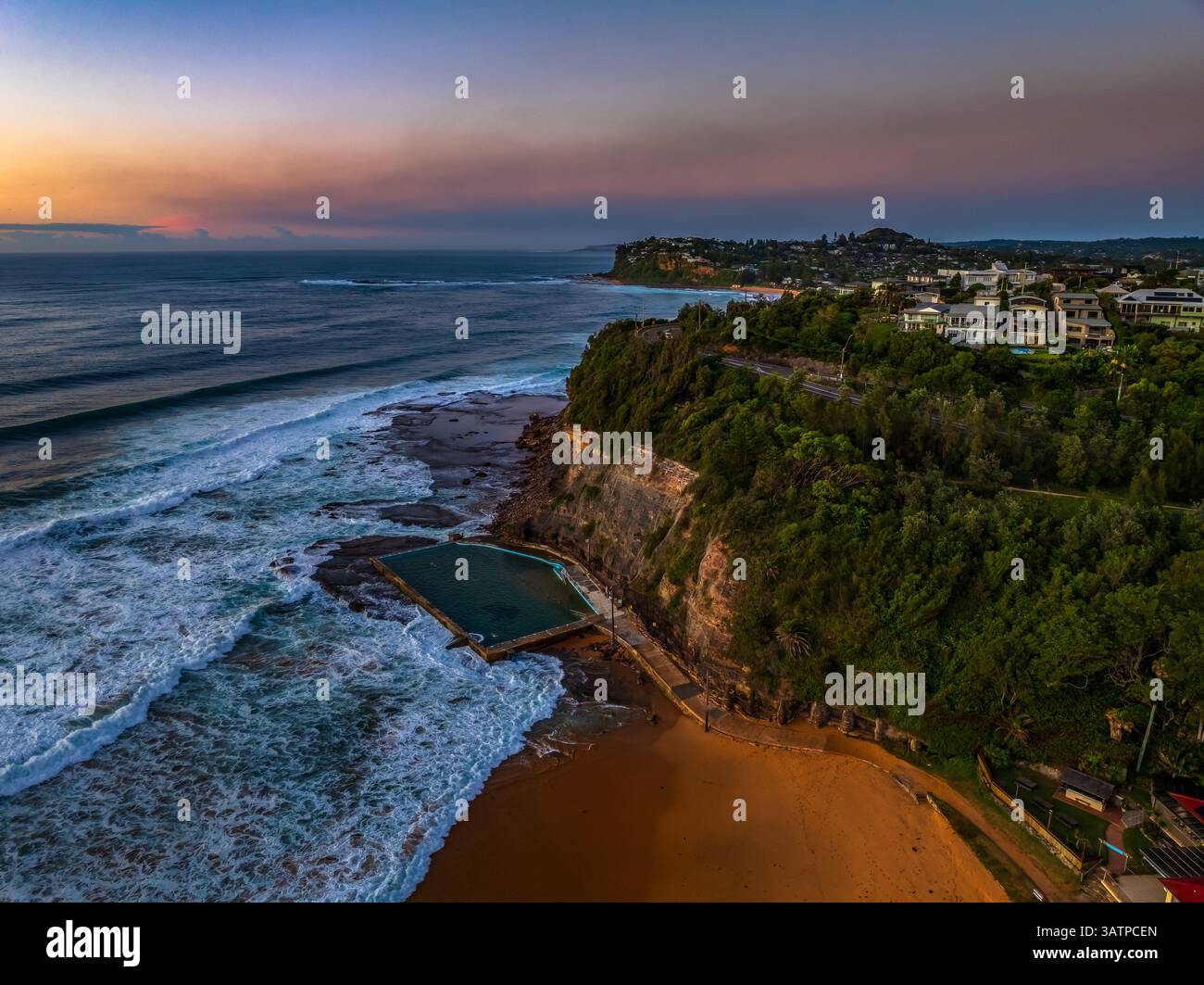 Aerial Sunrise Seascape with waves at Bilgola Beach on the Northern ...