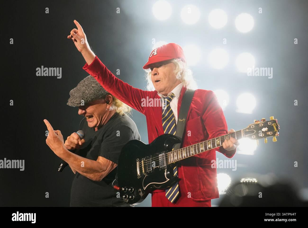 Brian Johnson, left, and Angus Young of AC/DC perform on Friday, April ...
