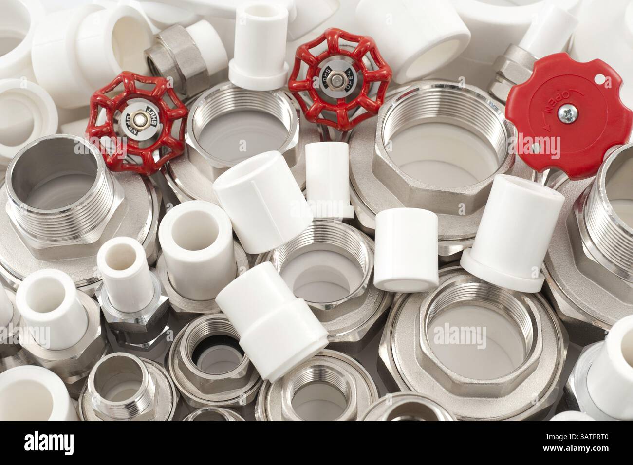 Many combined fittings for metal and PVC pipes, unions and valves Stock ...