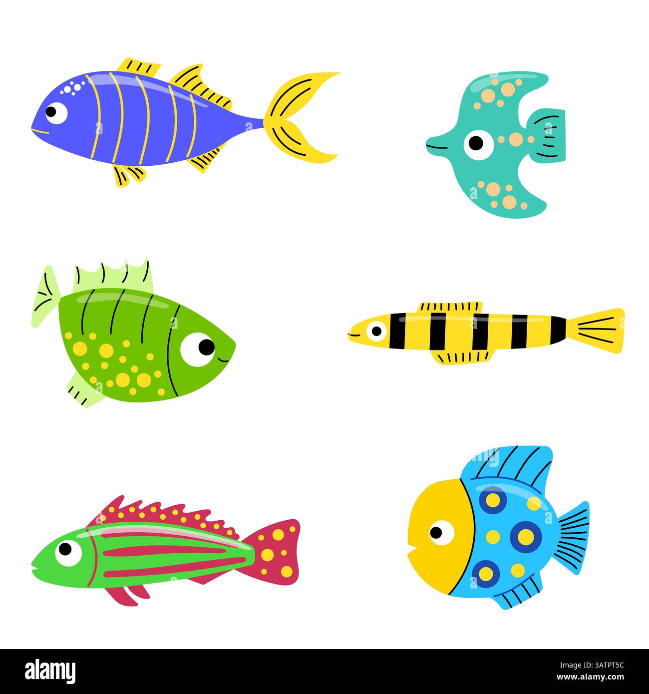 Set of Six Bright Tropical Fish, Colorful Underwater Marine Life ...