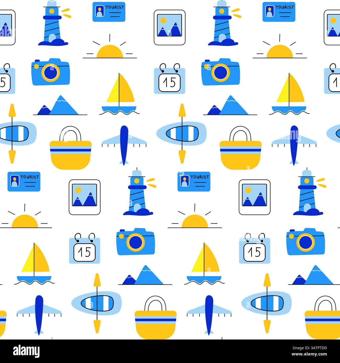 Seamless Blue and Yellow Travel Pattern with Camera, Lighthouse, Bag ...