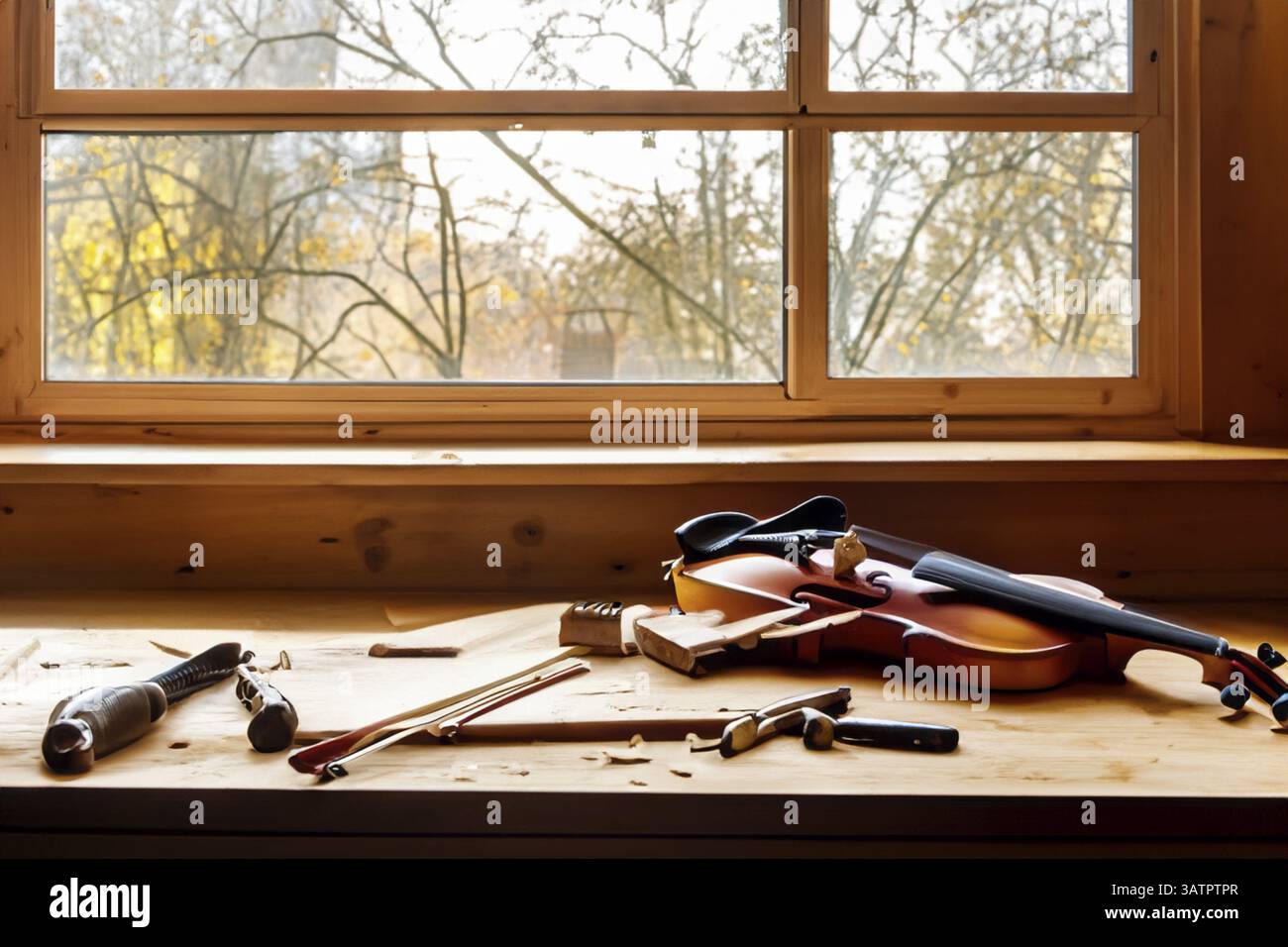 Interior of an old musical workshop with musical instruments and tools ...