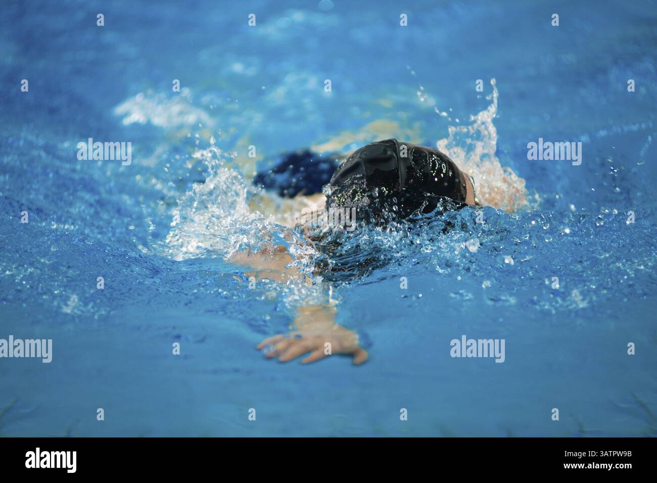 A swimmer swims in an indoor pool Stock Photo - Alamy