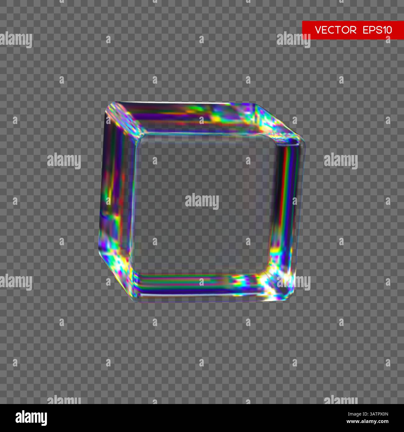 3d transparent glossy cube with dispersion effect. Rainbow colors reflection glass. Vector ...