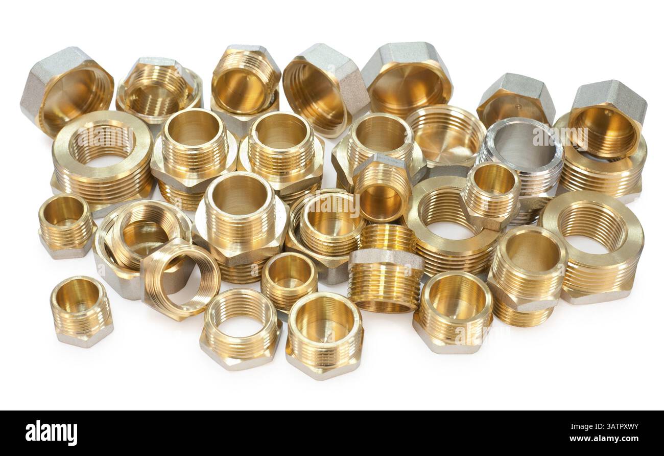 Many metal fittings - pipe unions, bushings, bullnoses and nuts Stock ...