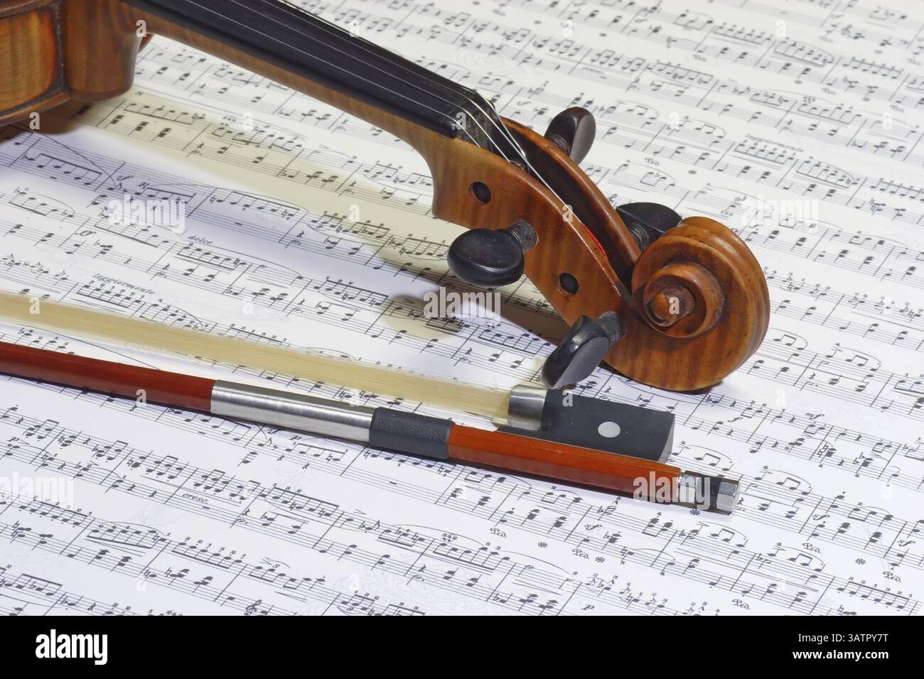 Handle and bow of an old violin Violin head close-up over music notes ...