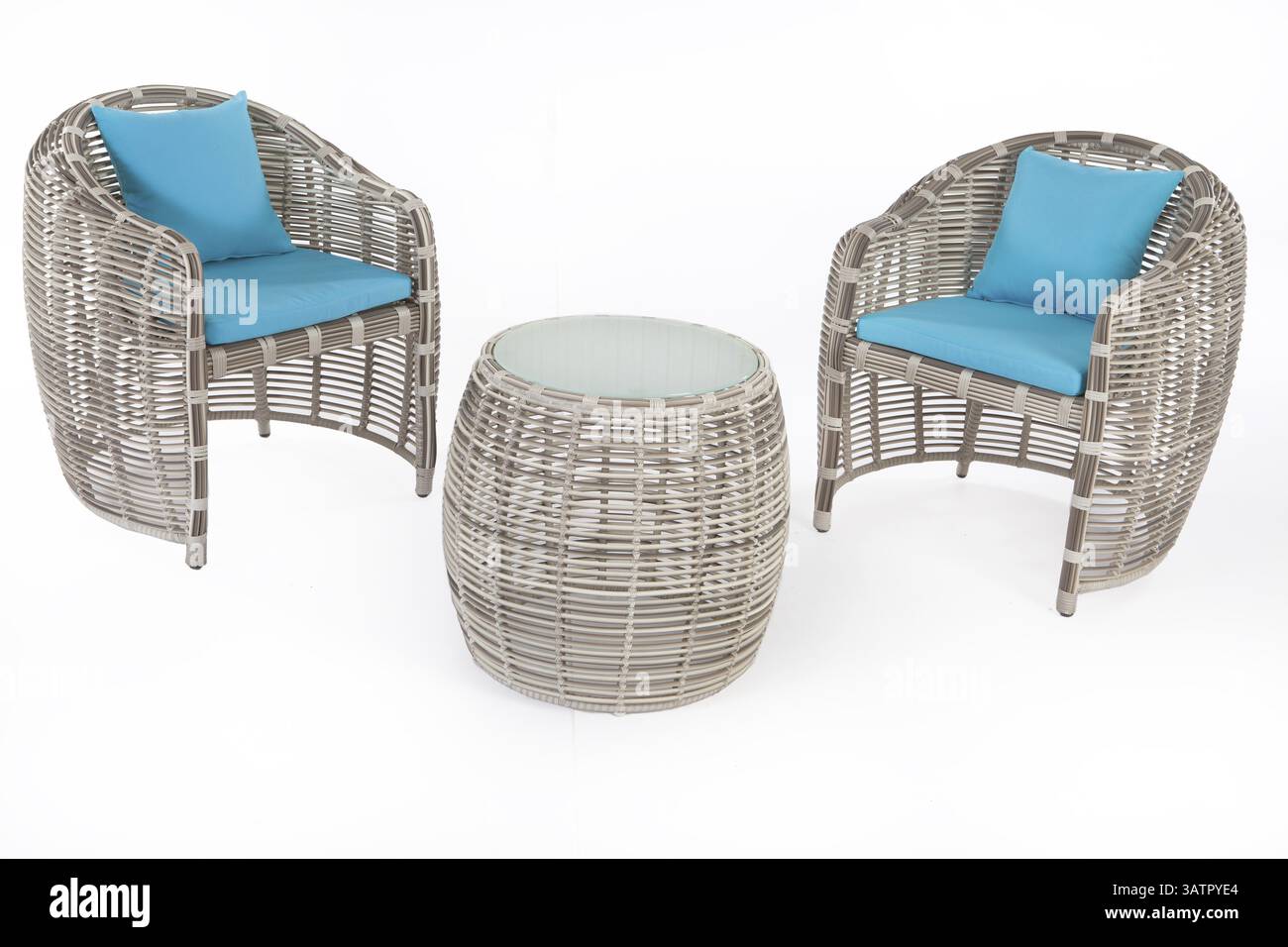 Suite of wicker furniture made of synthetic fibre on isolated ...