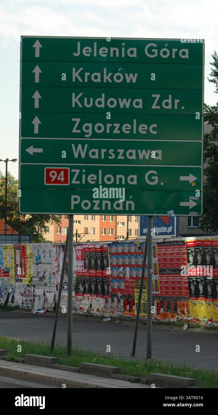 Wroclaw Poland.Sign board trafic to various polish cities from Wroclaw ...