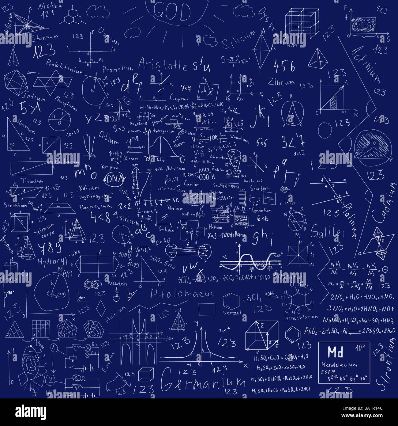 School subjects formulas and drawings - made with chalk over blue ...