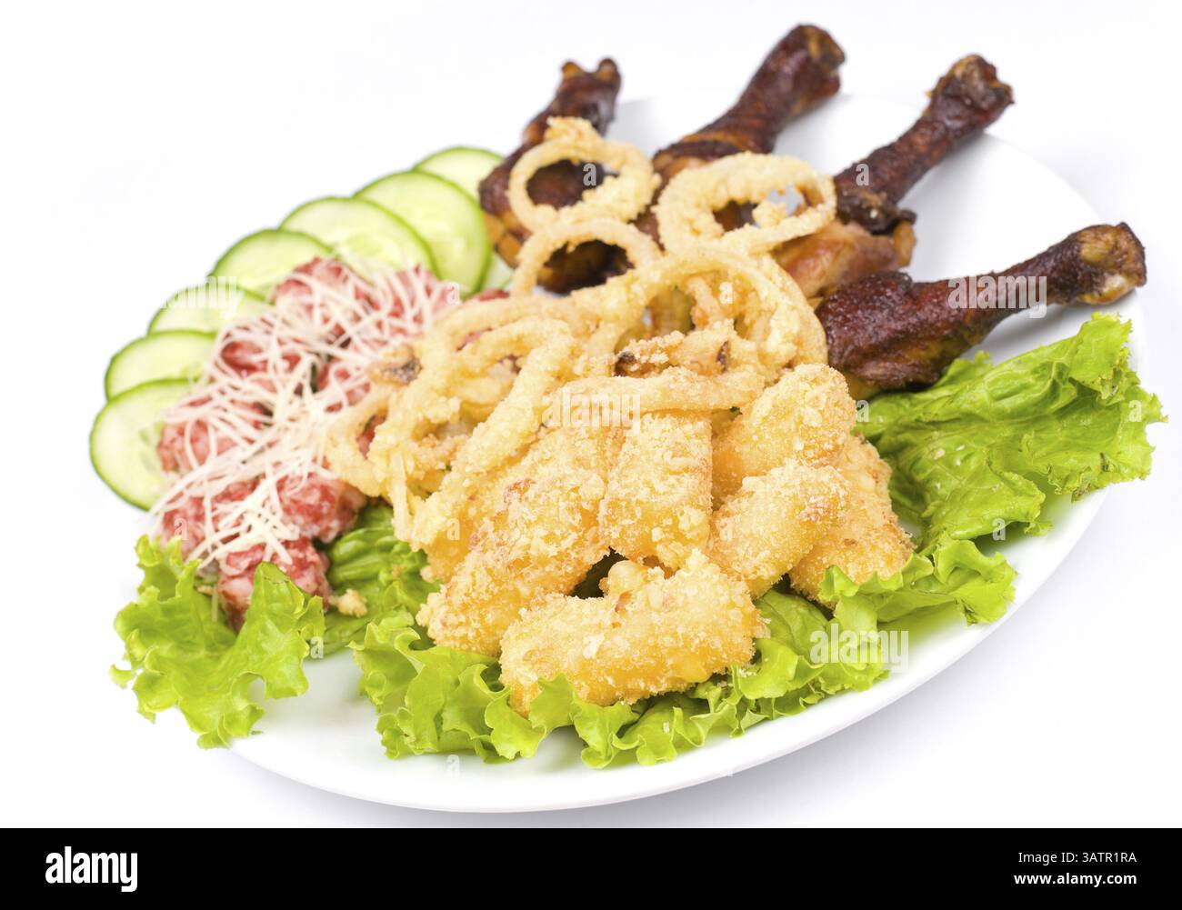 Squid rings fried in batter, meat and cheese balls, cheese sticks and ...