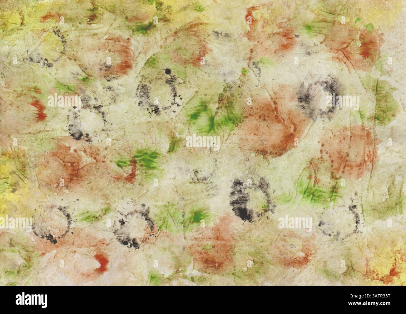 Painted watercolour with splashes of colour and colour imprints in red ...