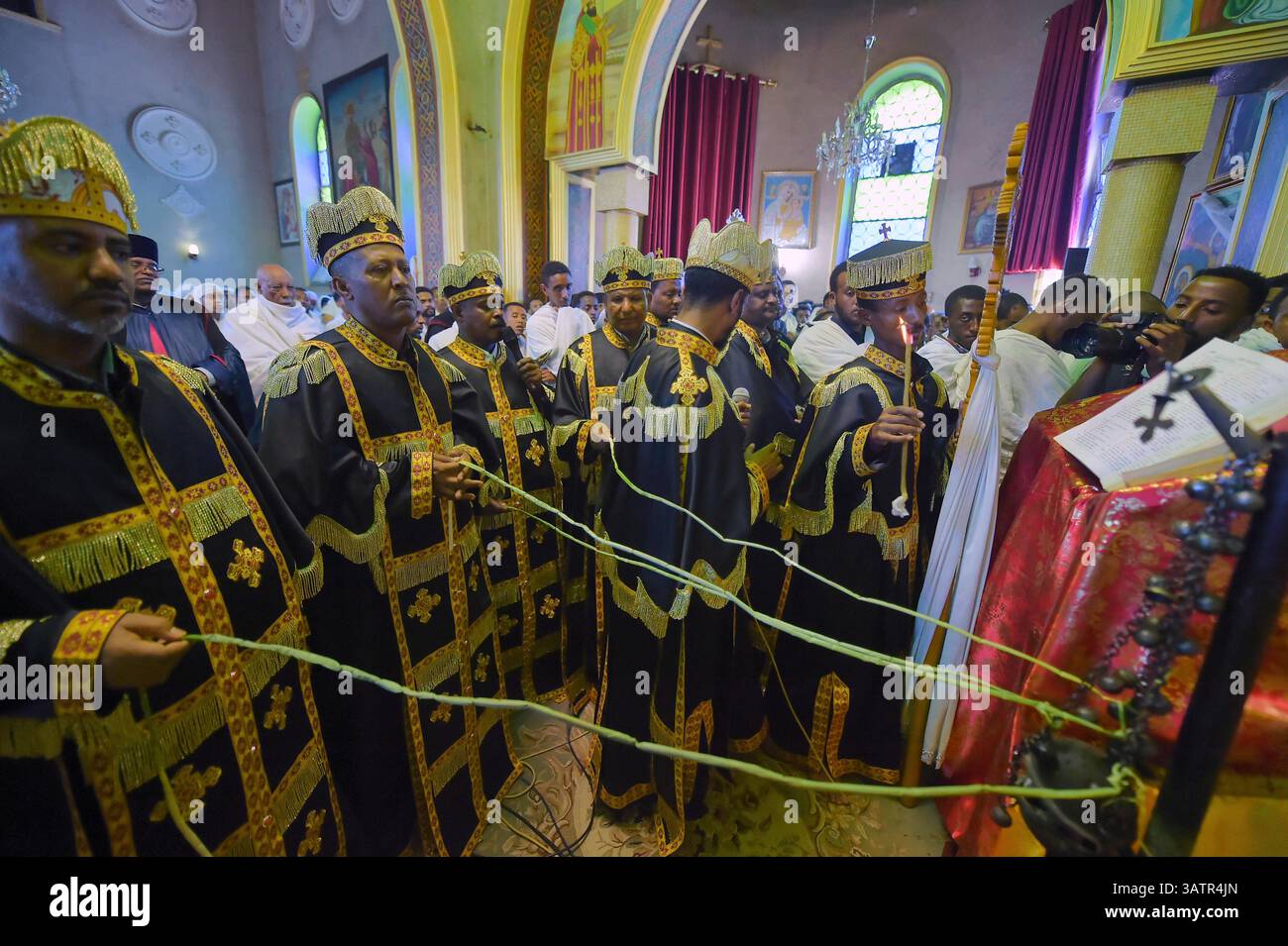 Ethiopian Orthodox devotees gather to pray during Easter celebrations at St. John Orthodox ...