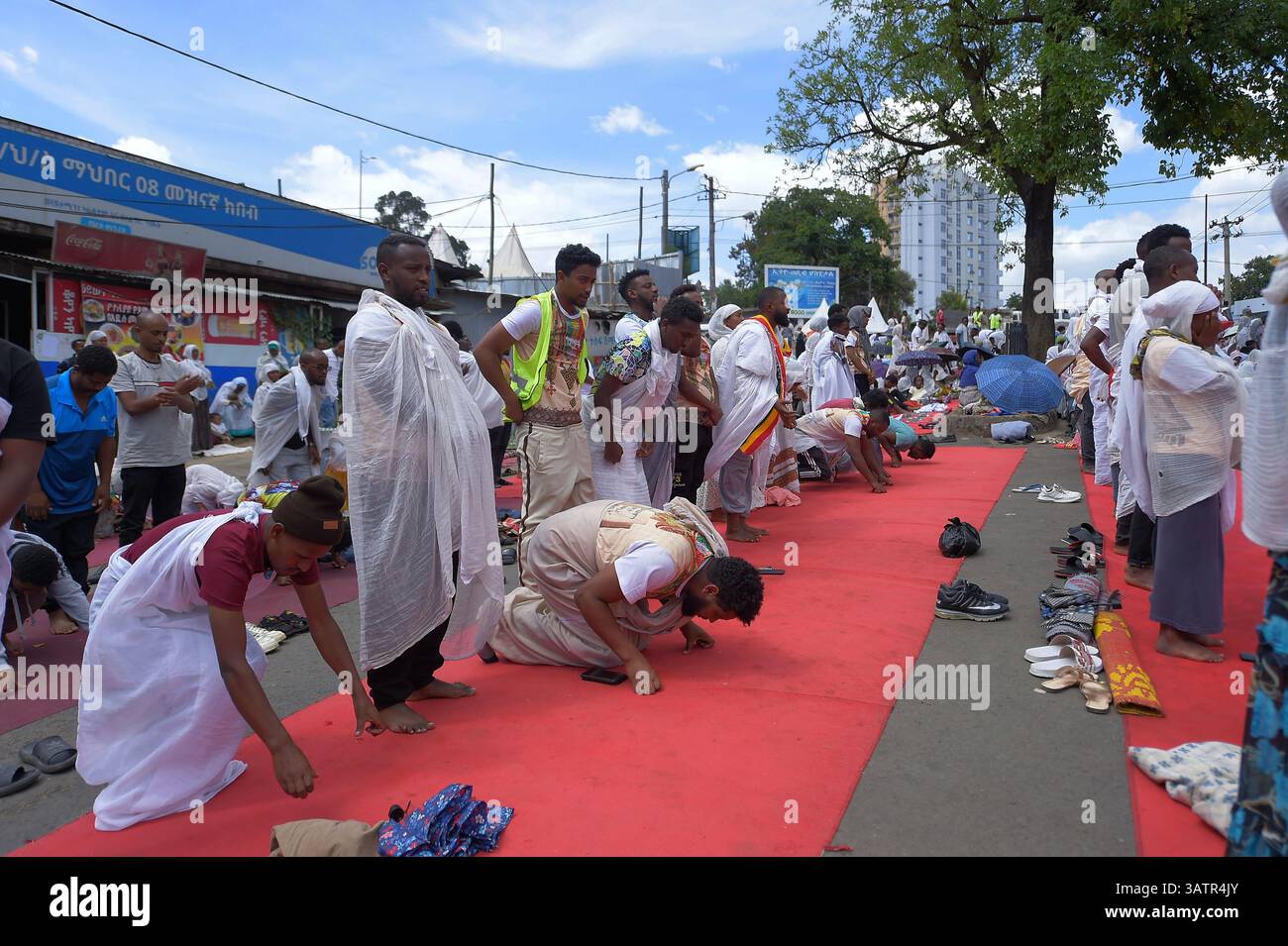 Ethiopian Orthodox devotees gather to pray during Easter celebrations at St. John Orthodox ...