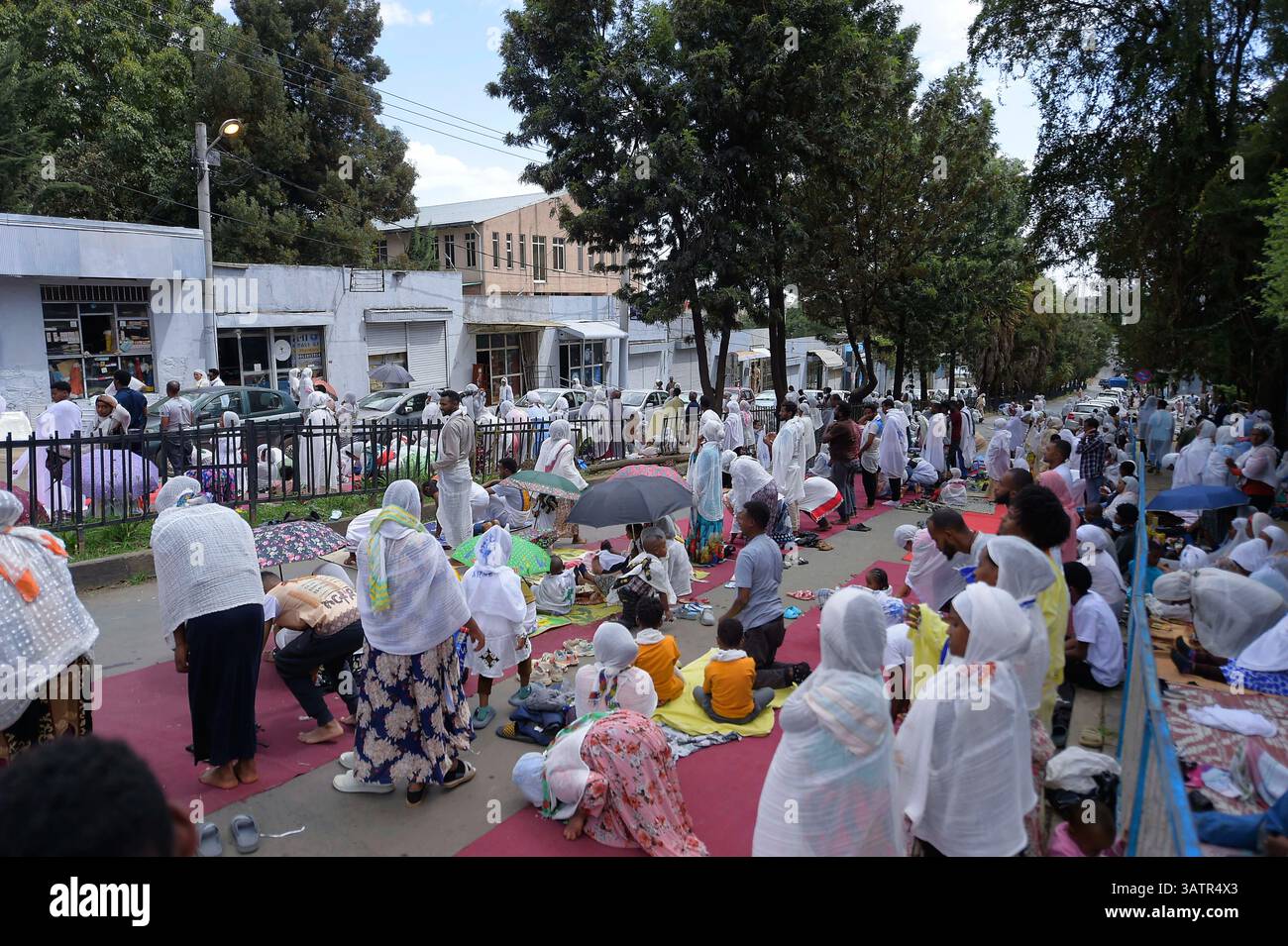 Ethiopian Orthodox devotees gather to pray during the celebration of Easter at St. John Orthodox ...