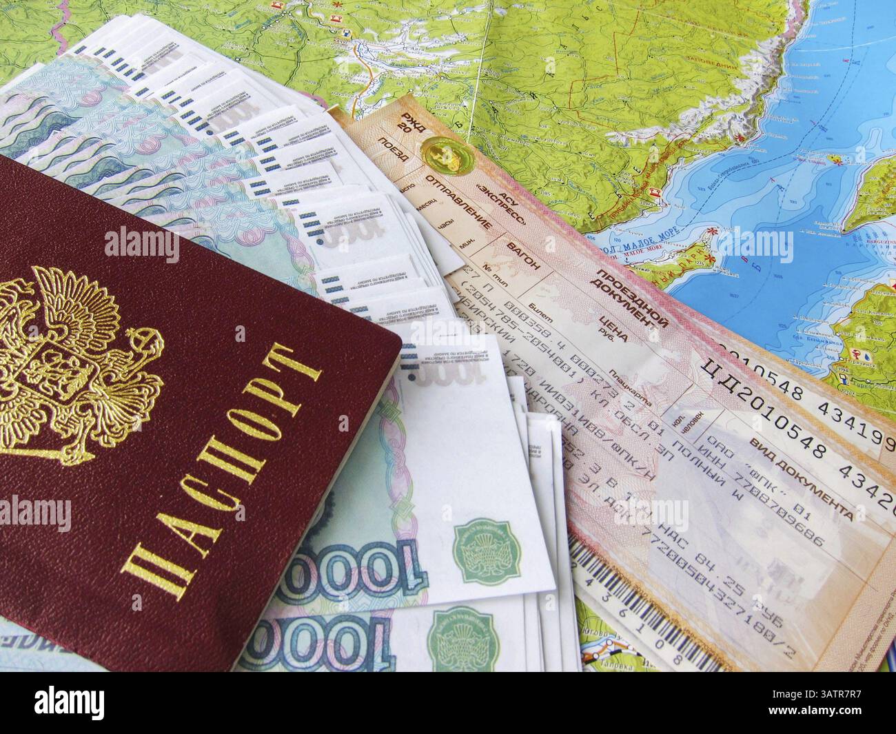 Russian passport, railway tickets and big sum of money - on Baikal map ...