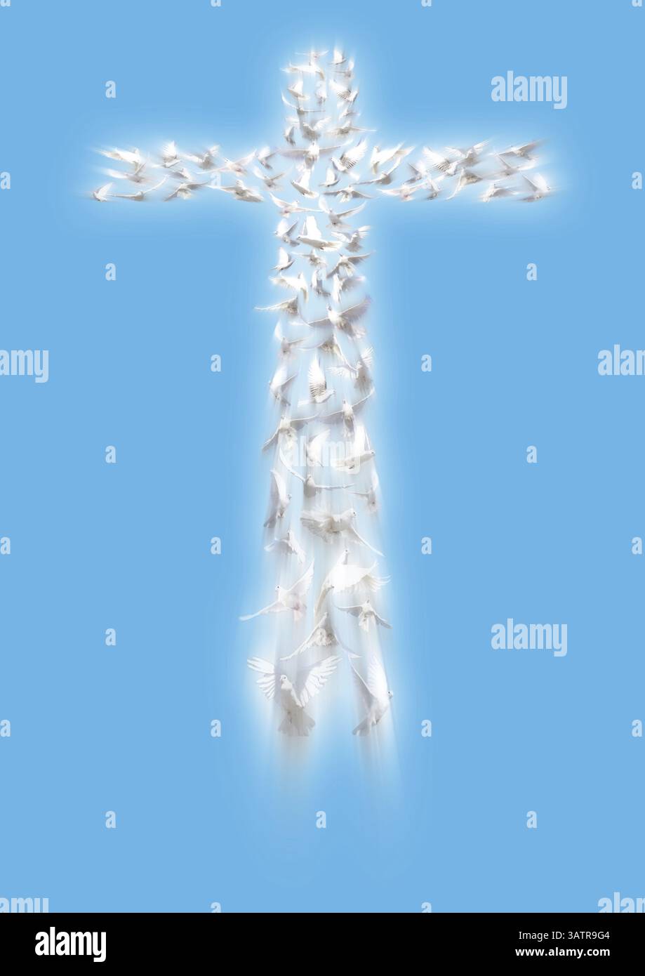 Cross of white doves flying in perspective - collage, dove is the ...