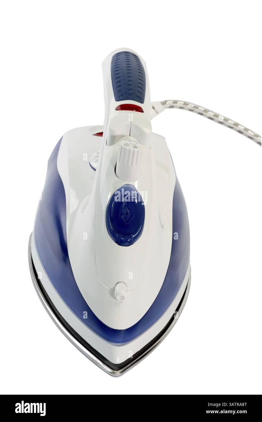 Blue and white steam iron - isolated on white background Blue and white ...
