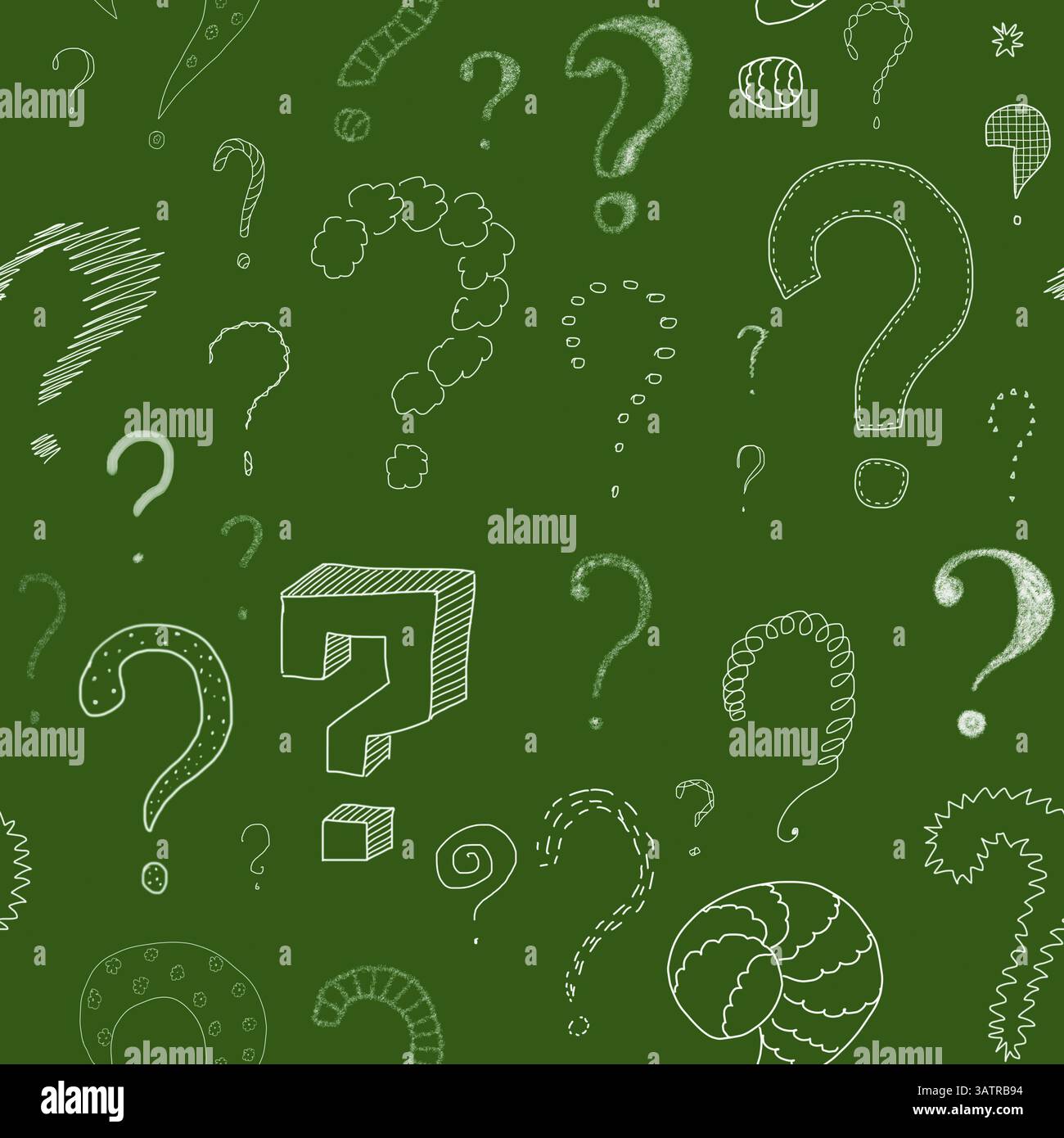 Lots of different question marks drawn with chalk on green board ...