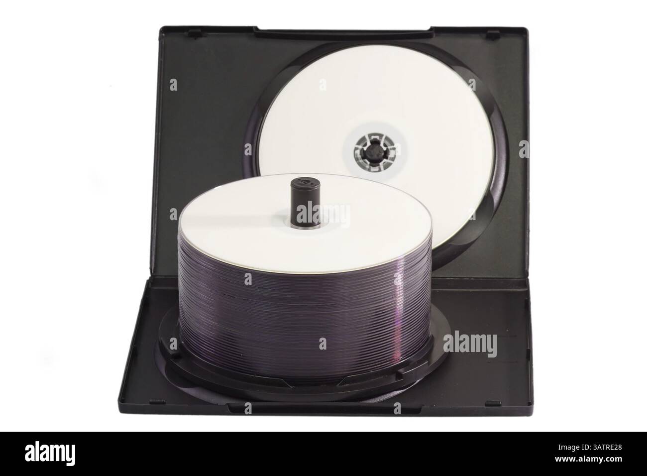 Data backup system on white background DVD CD stack in box isolated on ...