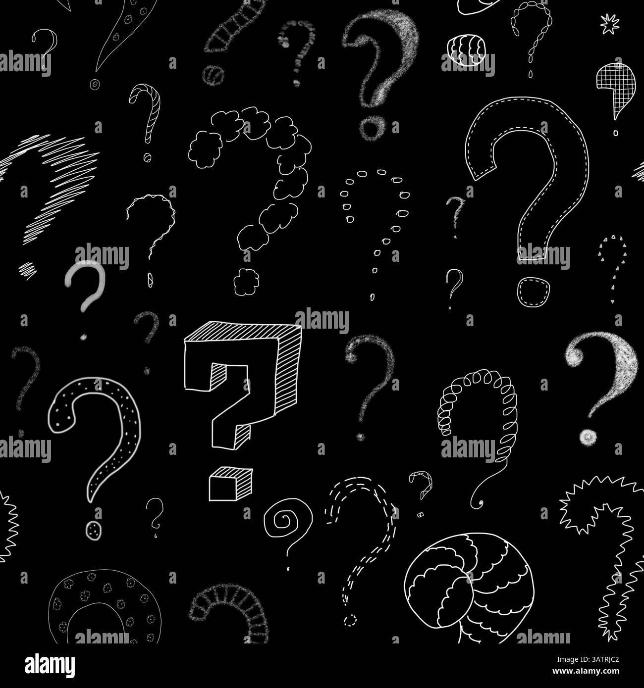 Lots of different question marks drawn with chalk on blackboard ...