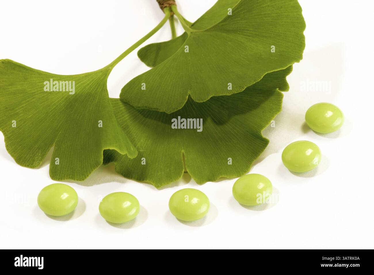 Green tablets with ginkgo leaves on a white background Stock Photo - Alamy